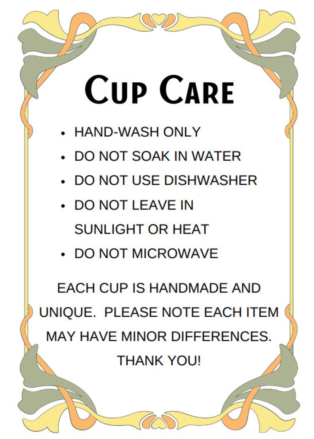 Tumbler Care, Cup Care, Handmade, Hand-wash, Cards, Care Card, Download ...