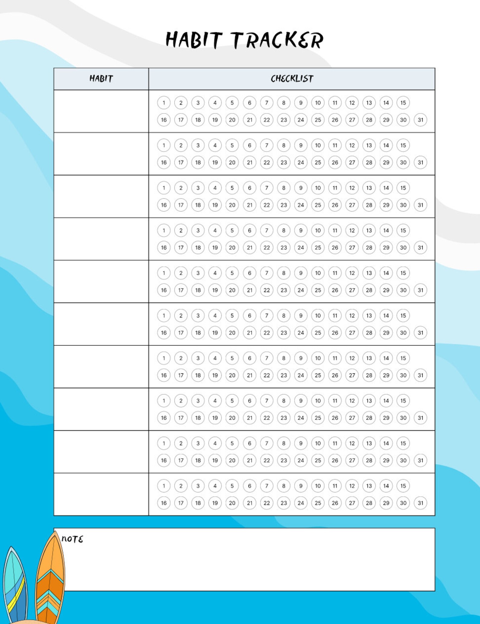Habit Tracker, Goal Setter, Printable, Editable, Tracker, Beach, Surf ...