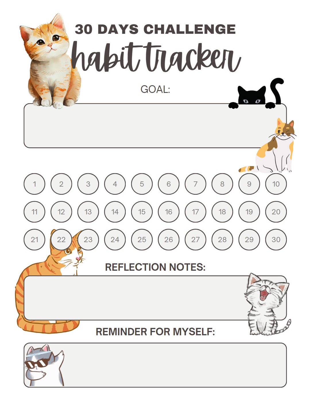 Habit Tracker, Goal Setter, Printable, Editable, Tracker, Cat, Kitty ...