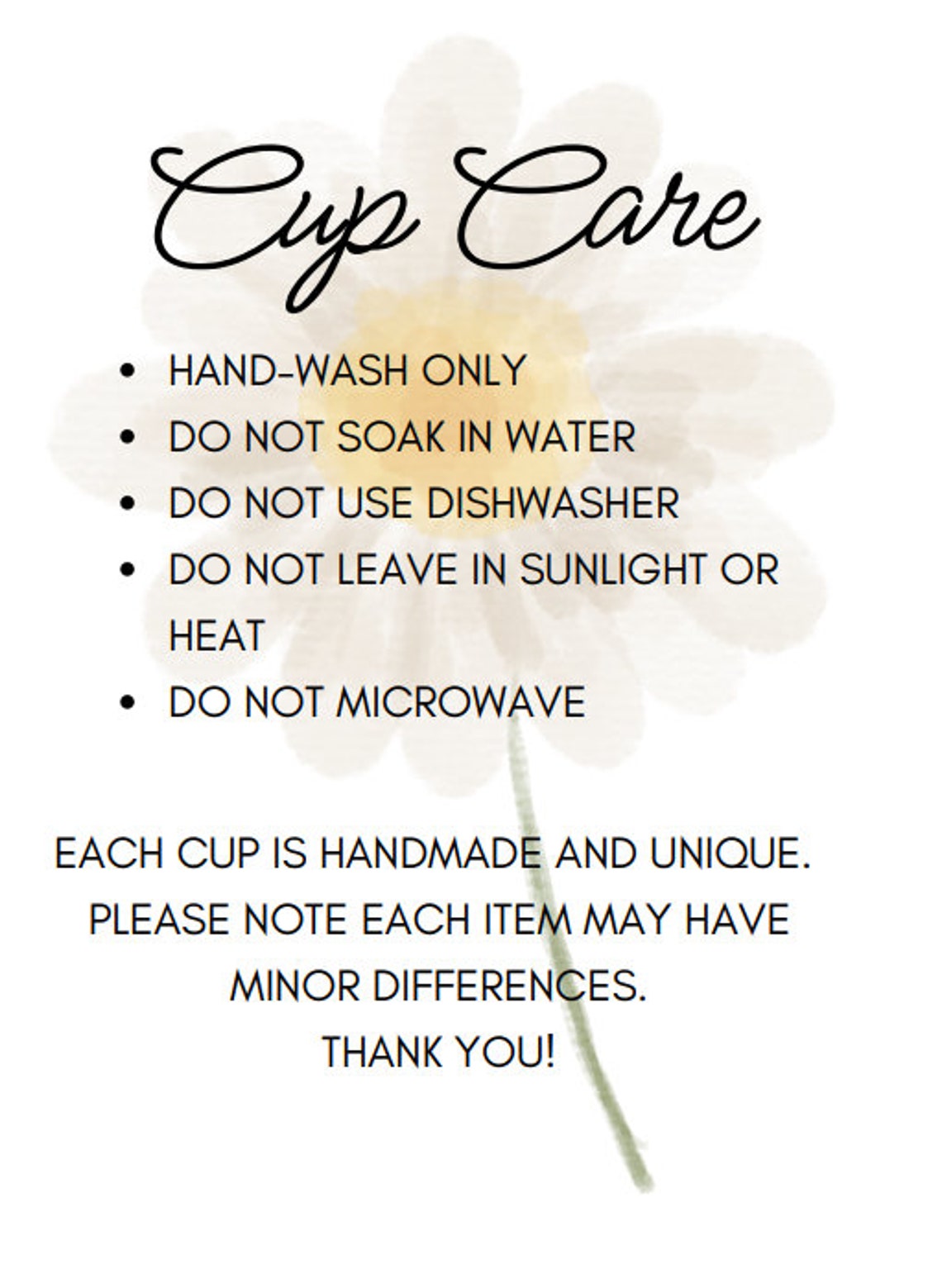 Tumbler Care, Cup Care, Handmade, Hand-wash, Cards, Care Card, Download ...
