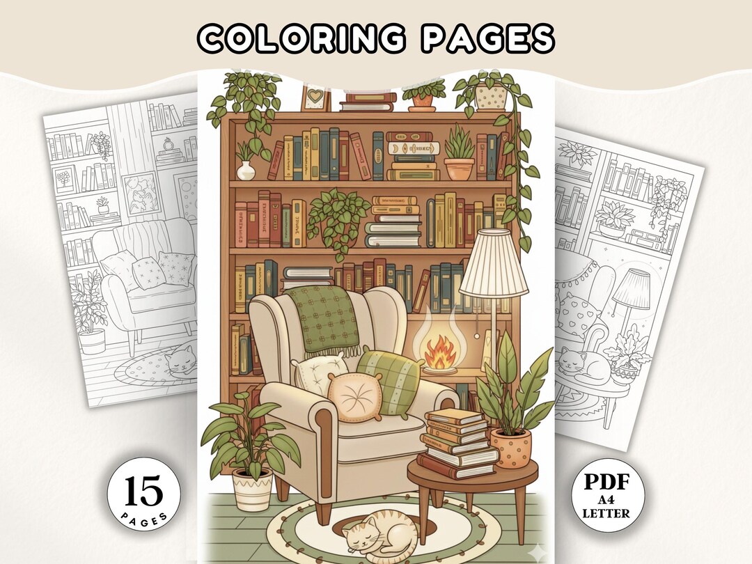 Cozy Reading Nook Coloring Pages for Book Lovers: 15 Relaxing Home ...
