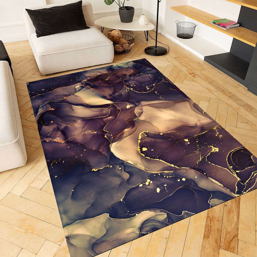 Purple, Dark Blue and Gold Marble, Area Rug, Contemporary Rug, Shimmery ...