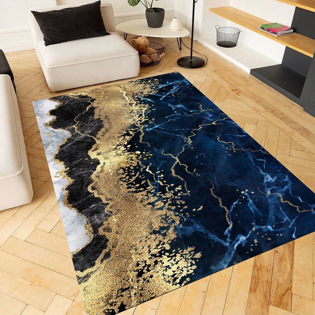 Gold Marble Rugs, Easy to Clean Rugs, Marble Rug, Navy Blue Marble Rug ...