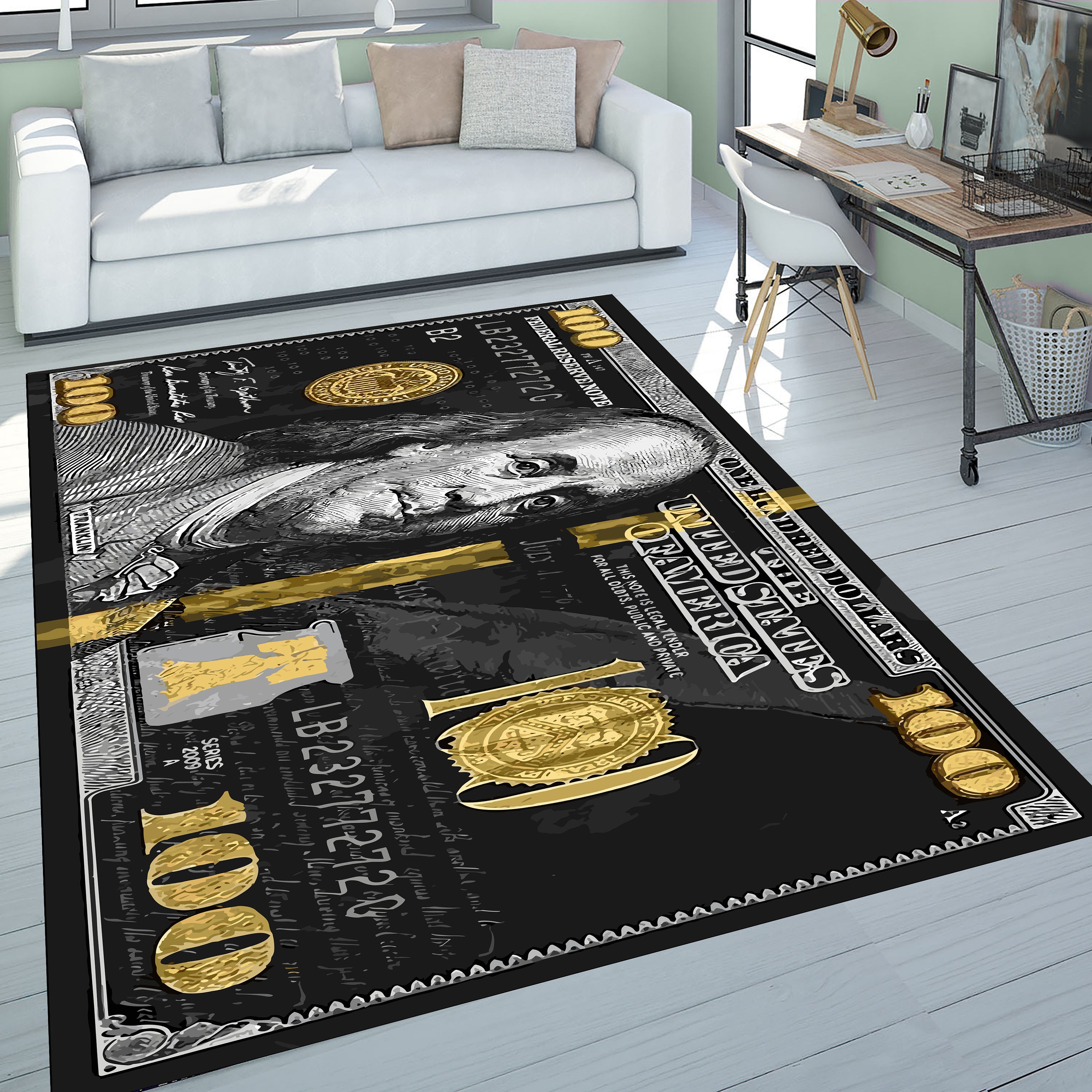 100 Dollar Bill Area Rug, Ben Franklin Old 100 Dollar Bill Dobby Rug ...