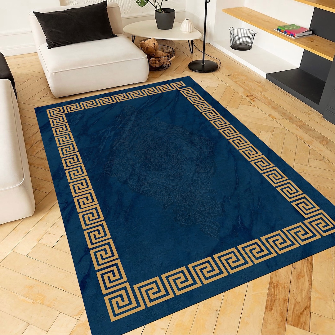 Blue and Gold Ancient Greek Wave Rug, Greek Mythology, Modern Rug ...