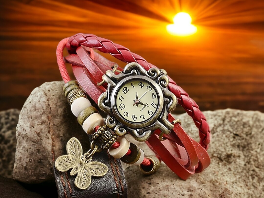 Boho Watches for Womens Red Leather Bracelet Pattern Wrist Watch Gift ...