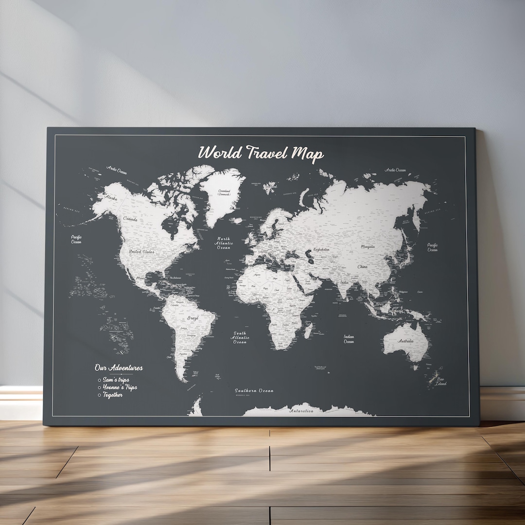 Gray Push Pin World Map – Large Personalized Wall Map Poster, Framed ...