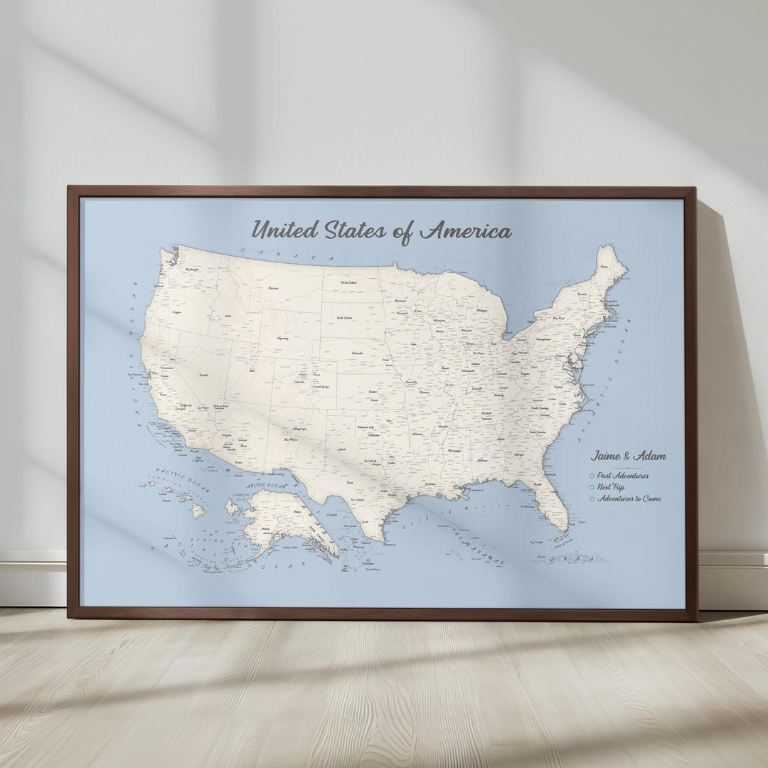 Framed Push Pin USA Map - Large Blue Travel Tracker & Gift for ...
