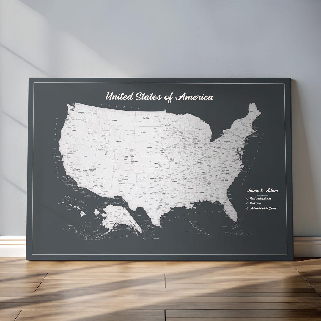 Gray USA Road Map – Customizable Push Pin Wall Art With Frame, for Home ...