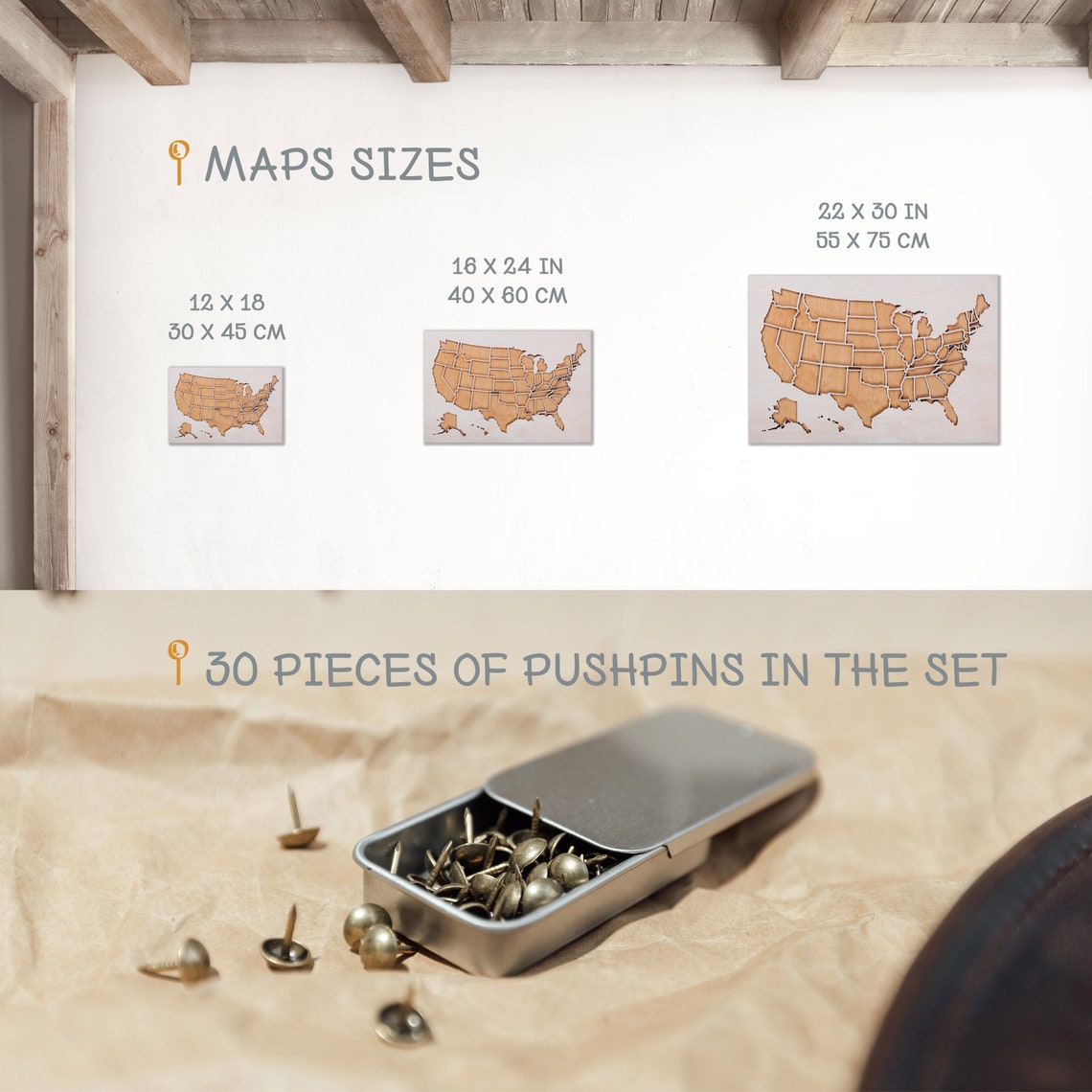 Push Pin US Map: Personalized Wooden Wall Art for Office and Home Decor ...