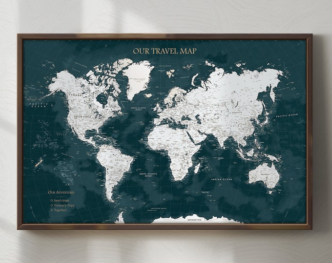 Custom World Map Wall Art in Sage Green Personalized Gift Hand-drawn ...