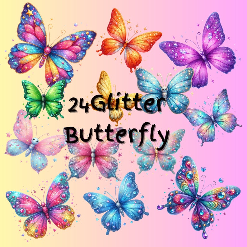 Glitter Butterfly Sparkling Glitter Butterfly Clipart Set 24 High ...
