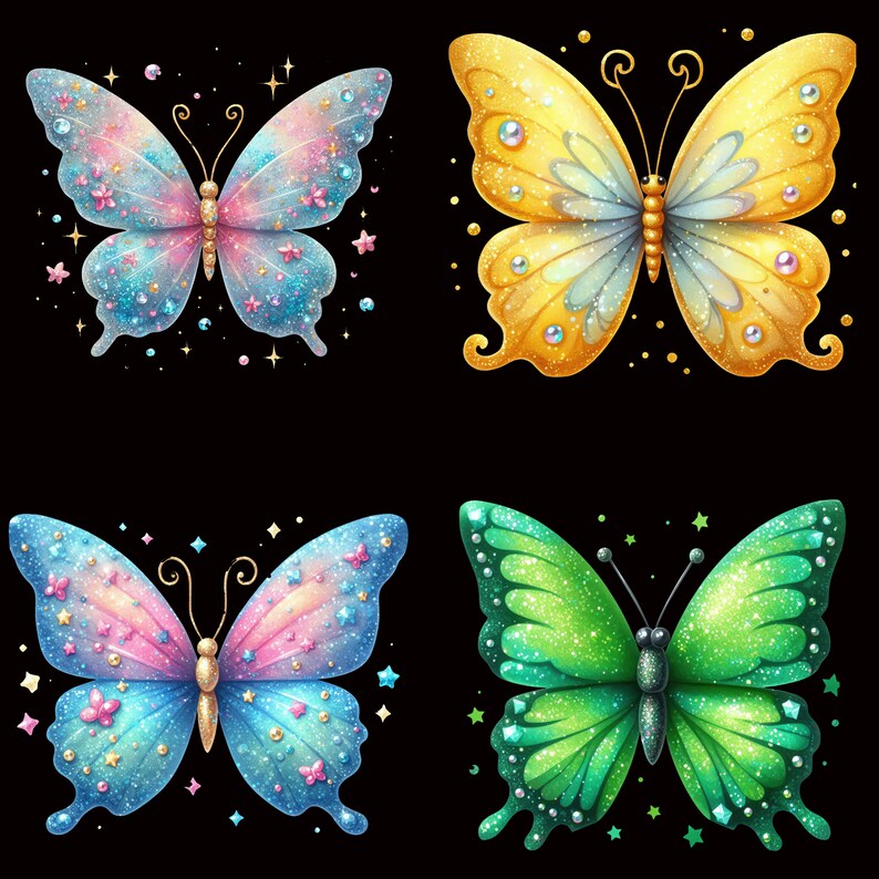 Glitter Butterfly Sparkling Glitter Butterfly Clipart Set 24 High ...