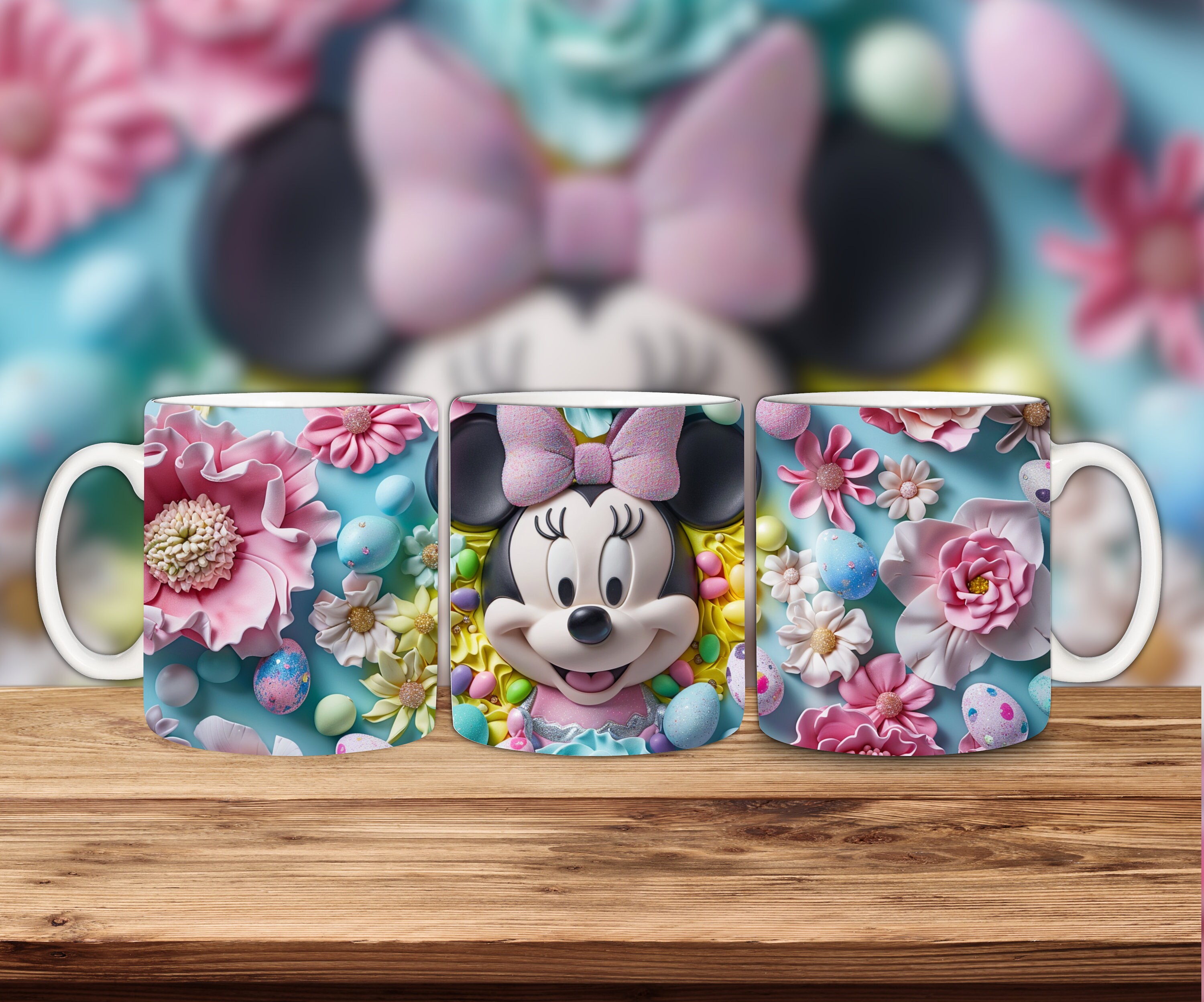 3D Animated Mug With Minnie Mouse Design, Colorful Easter Floral ...