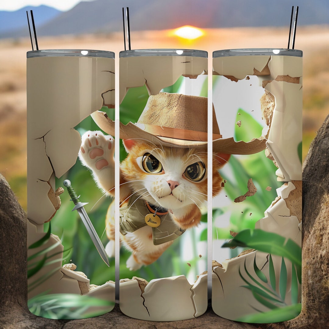 3D Explorer Cat Cartoon Design, Jungle Adventure Theme, Tumbler 20 Oz ...
