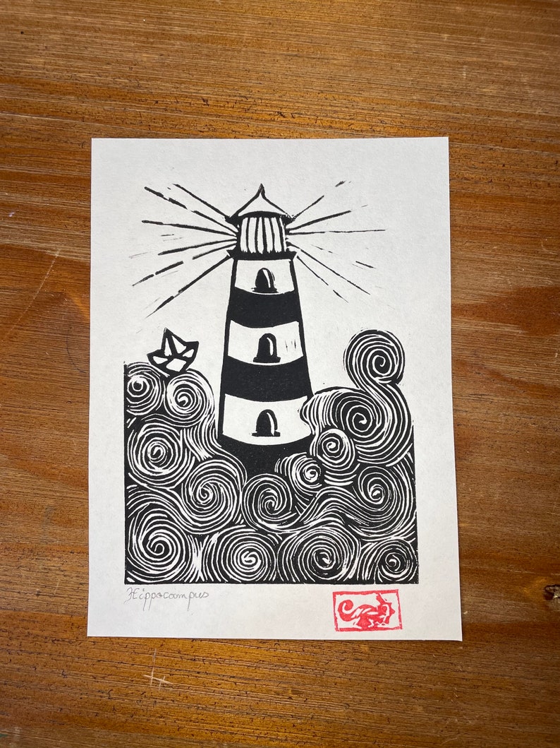 Melancholy - Linocut Print - Lighthouse Boat Origami Wave - Etsy