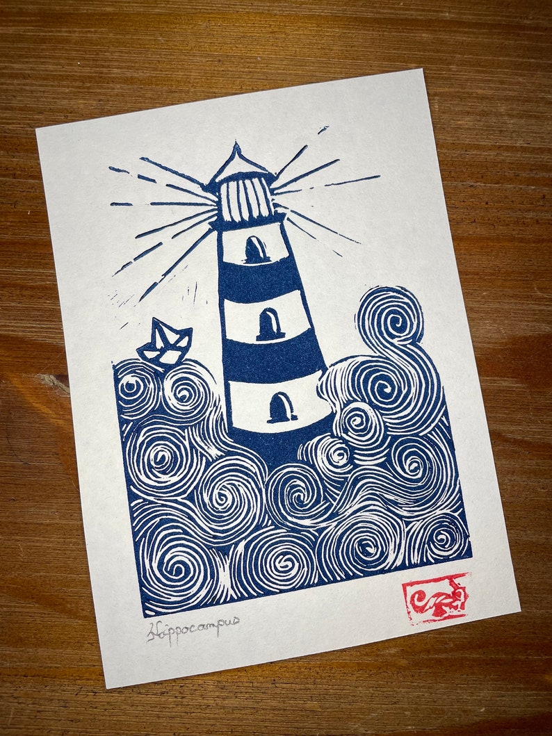 Melancholy - Linocut Print - Lighthouse Boat Origami Wave - Etsy