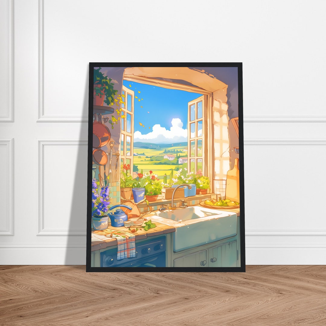 Ghibli Style Kitchen Print – Tranquil Anime Framed Wall Art - Etsy