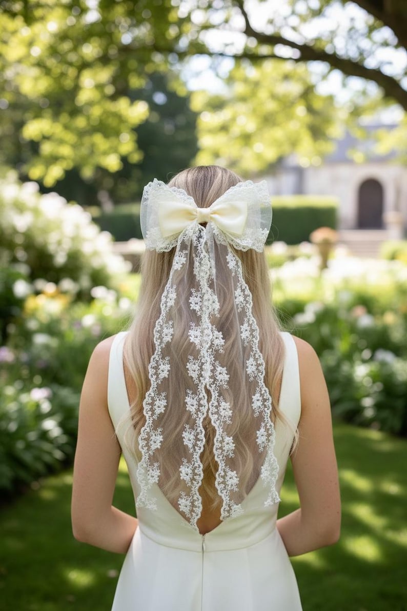 Bridal Oversized Lace & Satin Hair Bow With Long Tails – Ivory Wedding ...