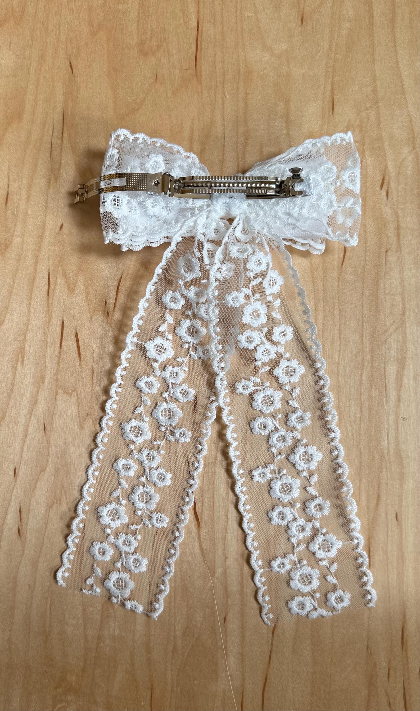 White Embroidered Lace Bow Clip - Etsy