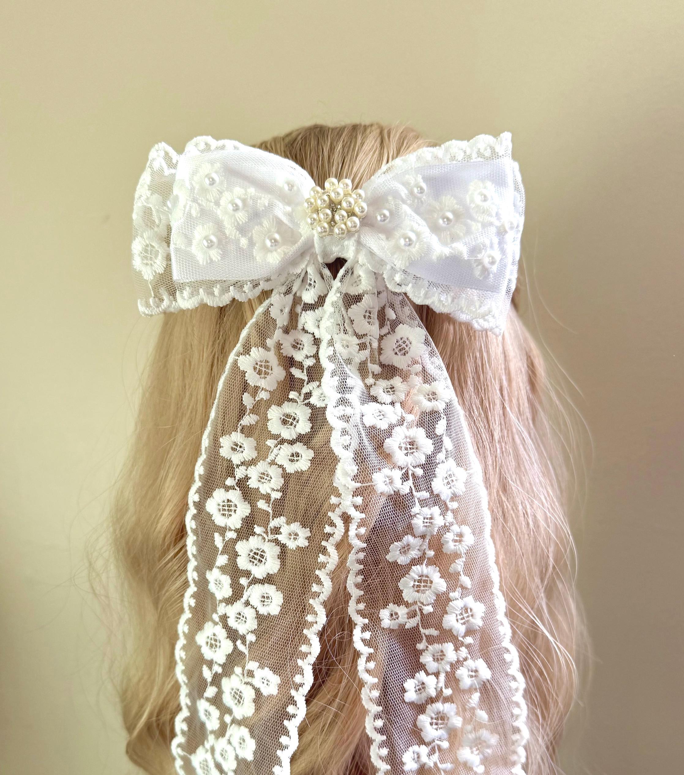 White Embroidered Lace Bow Clip - Etsy