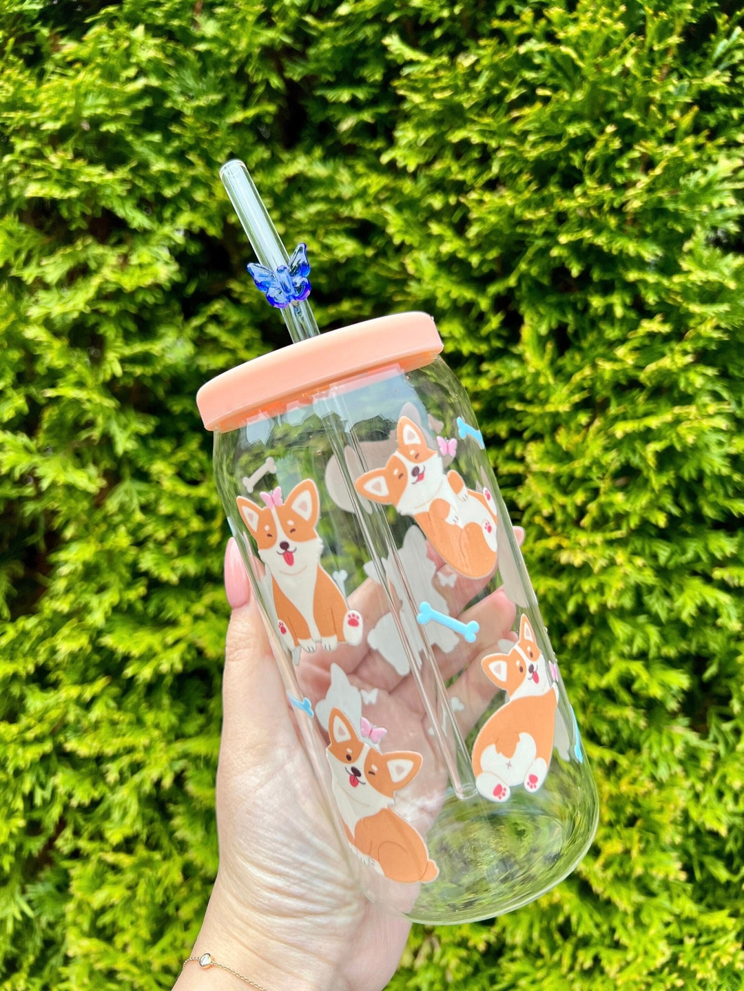 16oz Kawaii Corgi & Butterfly Glass Can for Iced Coffee, Matcha, Dog ...