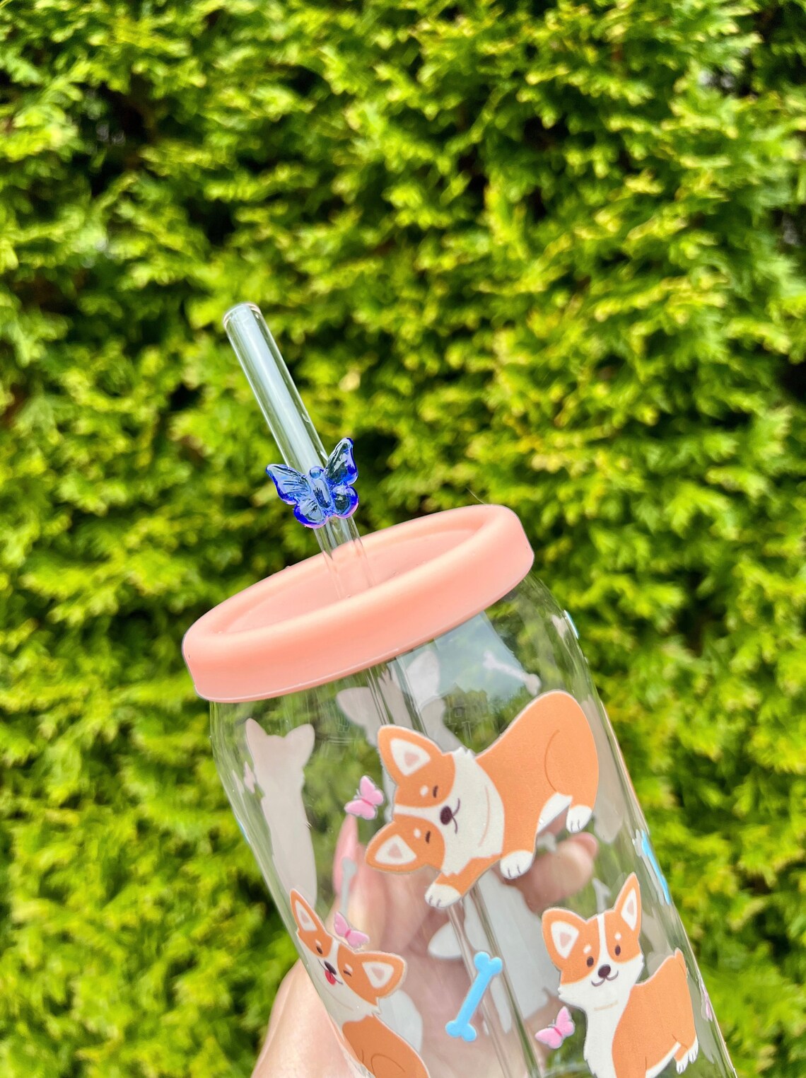 16oz Kawaii Corgi & Butterfly Glass Can for Iced Coffee, Matcha, Dog ...