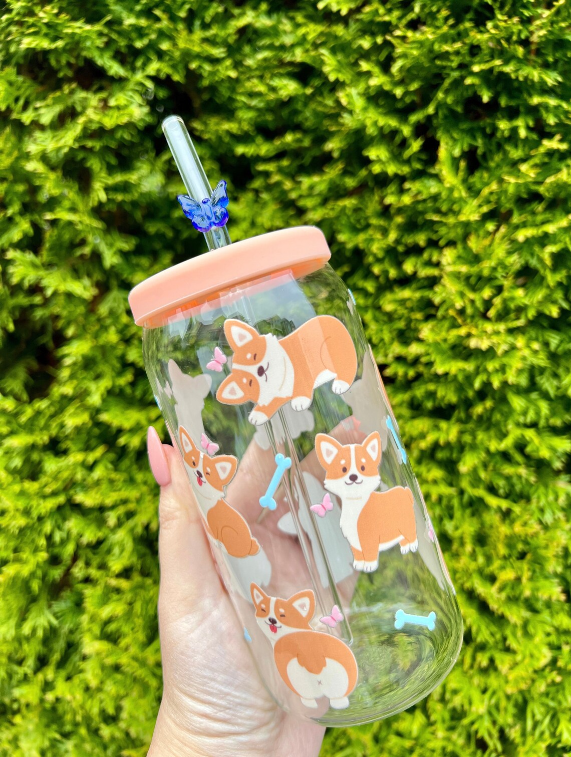 16oz Kawaii Corgi & Butterfly Glass Can for Iced Coffee, Matcha, Dog ...