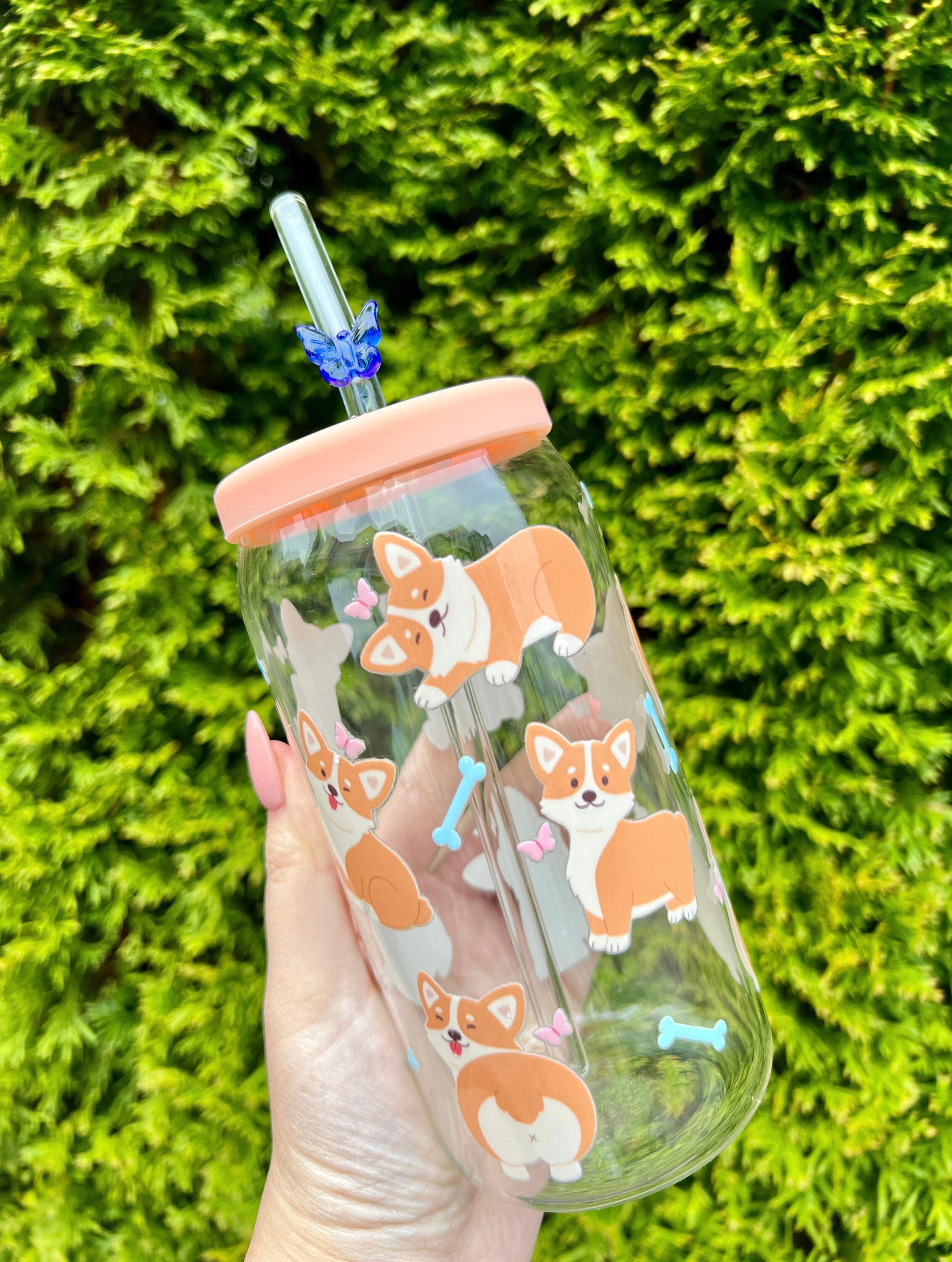 16oz Kawaii Corgi & Butterfly Glass Can for Iced Coffee, Matcha, Dog ...