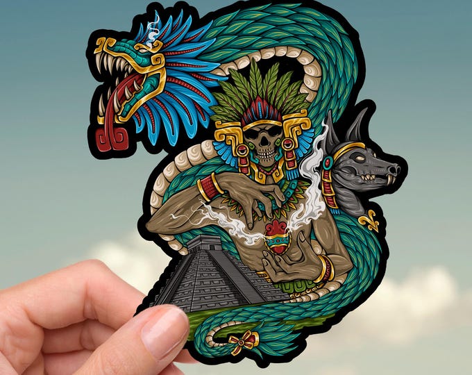 Aztec Pyramid Gods Sticker, Aztec Skull Stickers, Mexican Stickers ...