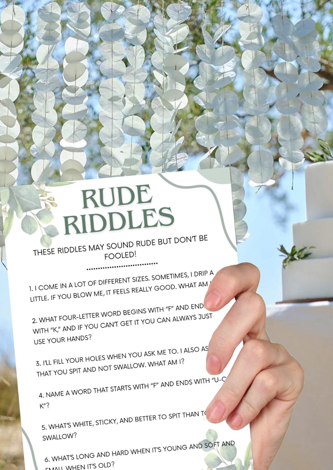 Rude Riddles - Hen Party Games - Bachelorette Party - Sage Green Theme ...