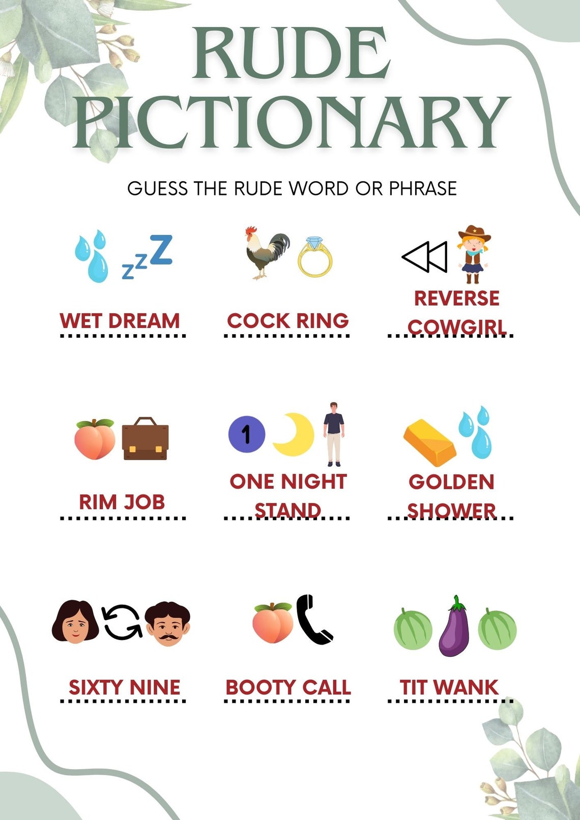 Rude Pictionary - Hen Party Games - Bachelorette Party - Sage Green ...