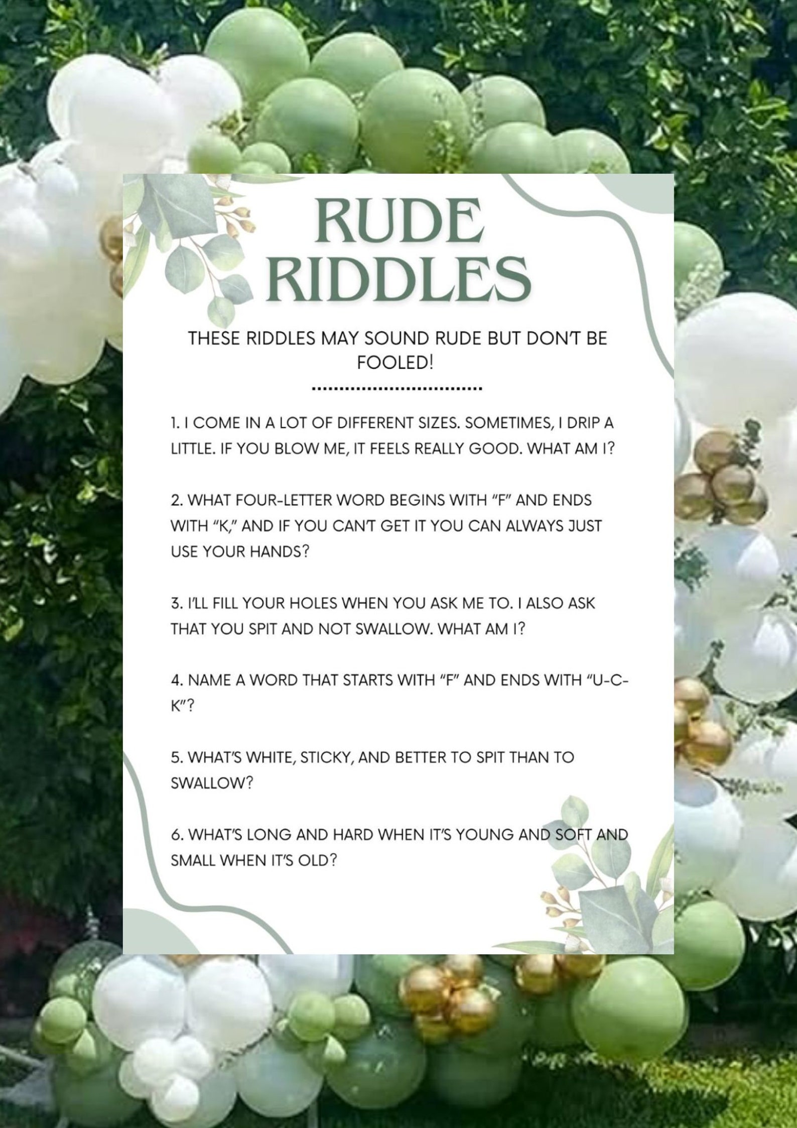 Rude Riddles - Hen Party Games - Bachelorette Party - Sage Green Theme ...