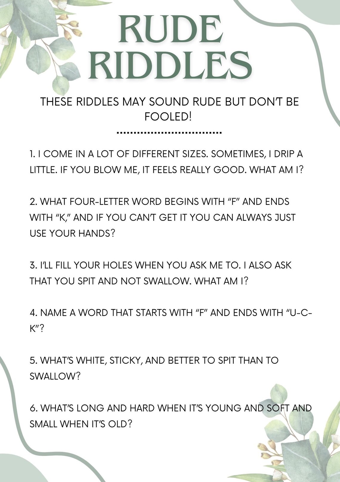 Rude Riddles - Hen Party Games - Bachelorette Party - Sage Green Theme ...