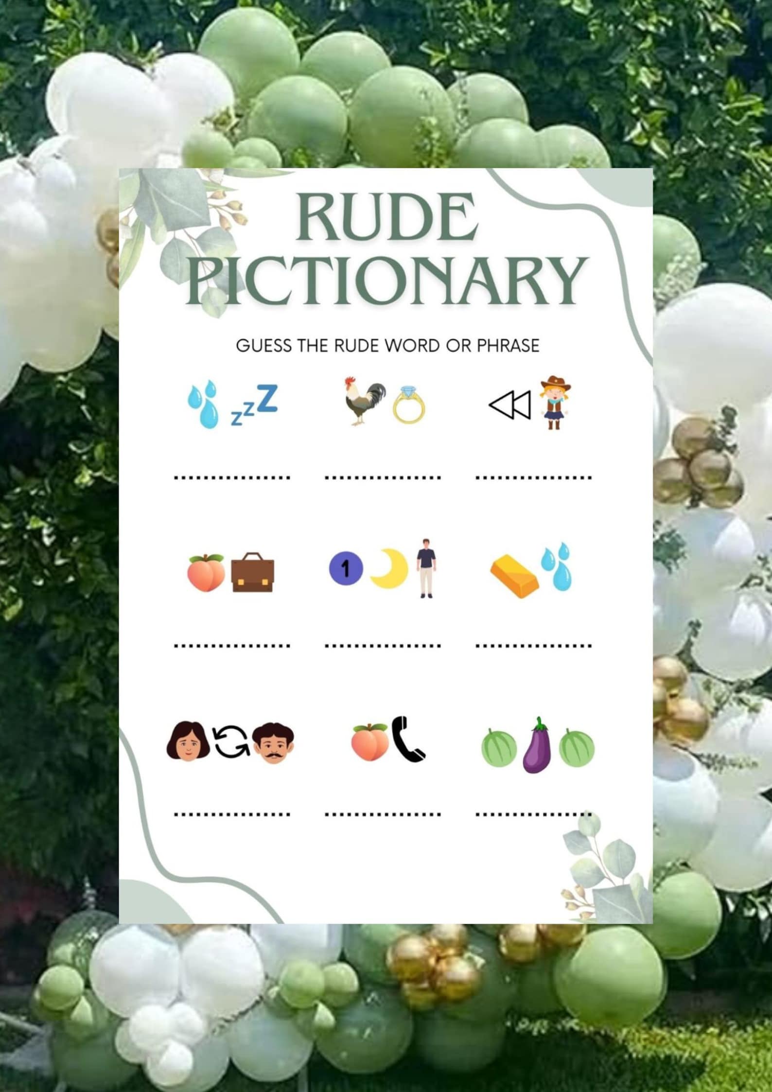 Rude Pictionary - Hen Party Games - Bachelorette Party - Sage Green ...