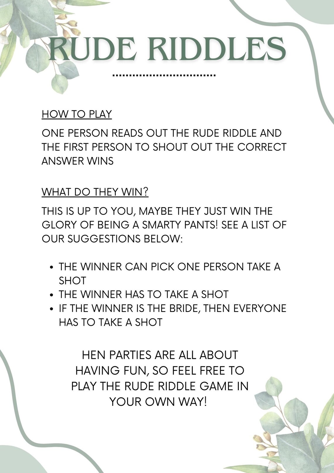 Rude Riddles - Hen Party Games - Bachelorette Party - Sage Green Theme ...
