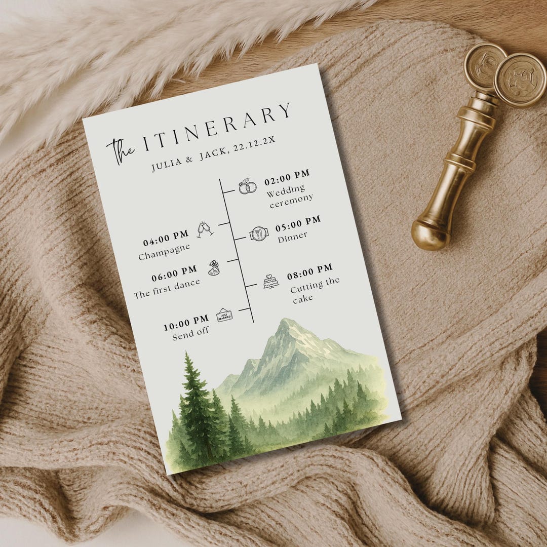 Rustic Mountain Wedding Itinerary Template, Woodland Wedding Timeline ...