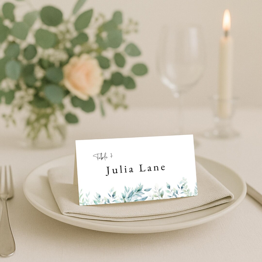 Greenery Wedding Place Cards Template, Personalized Name Cards, Sage ...