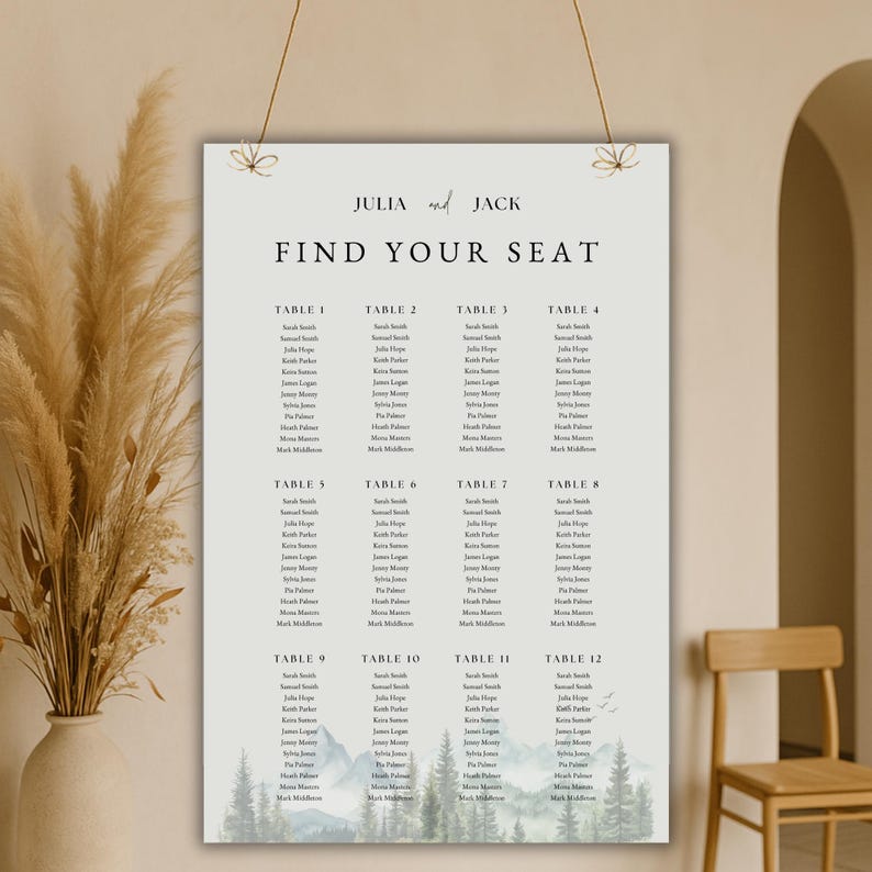 Mountain Theme Wedding Seating Chart, Custom Rustic Decor, Editable ...