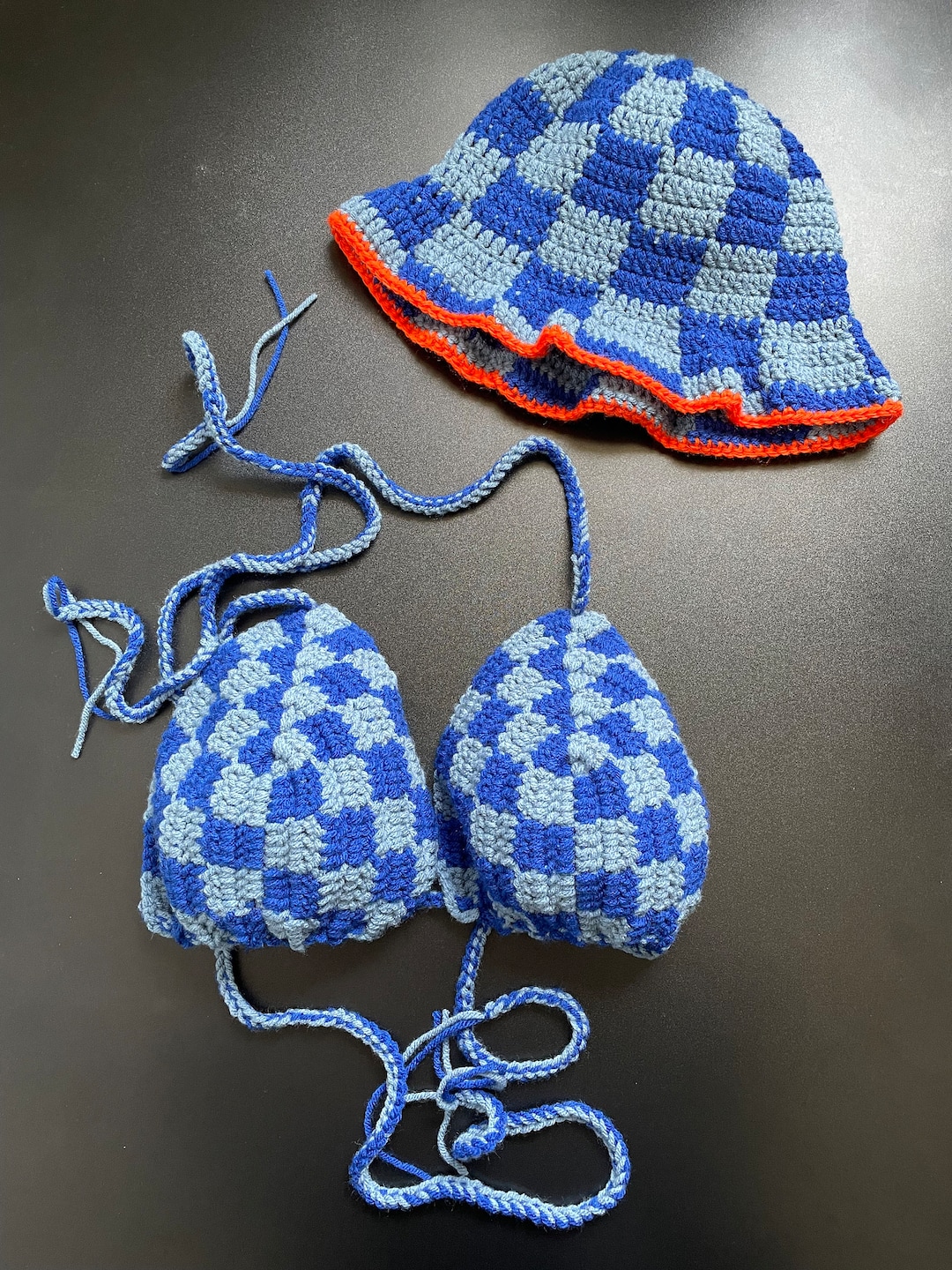 Crochet Checker Bucket Hat and Bikini Top Set - Etsy