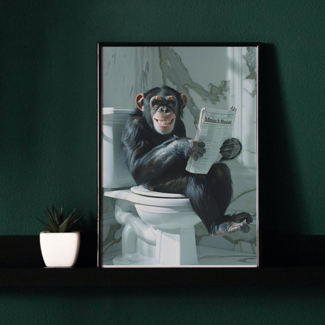 Chimpanzee Sitting on Toilet Reading a Newspaper, Funny Bathroom Wall ...