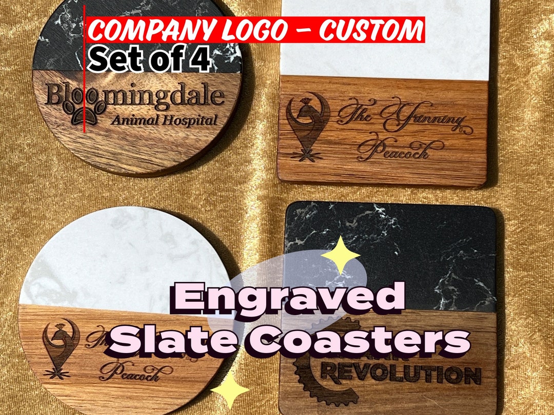 Acacia Wood/marble Custom Coasters Set of 4 Business Merch Company ...