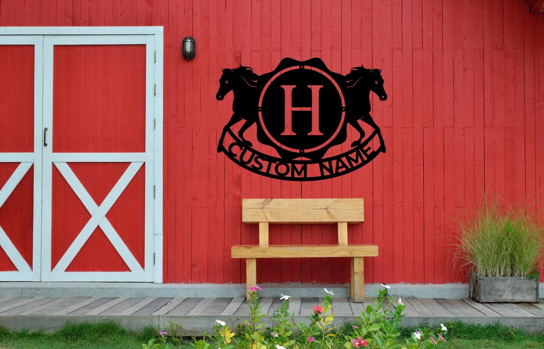 Custom Metal Horse Sign | Dual Galloping Horses Monogram Plaque ...