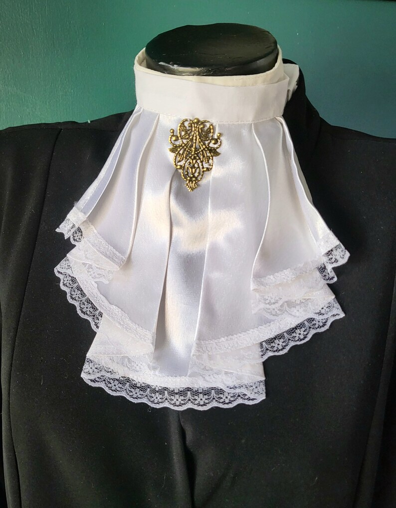 White Satin & Lace Jabot Cravat Victorian Ruffle Neck Frill Steampunk ...