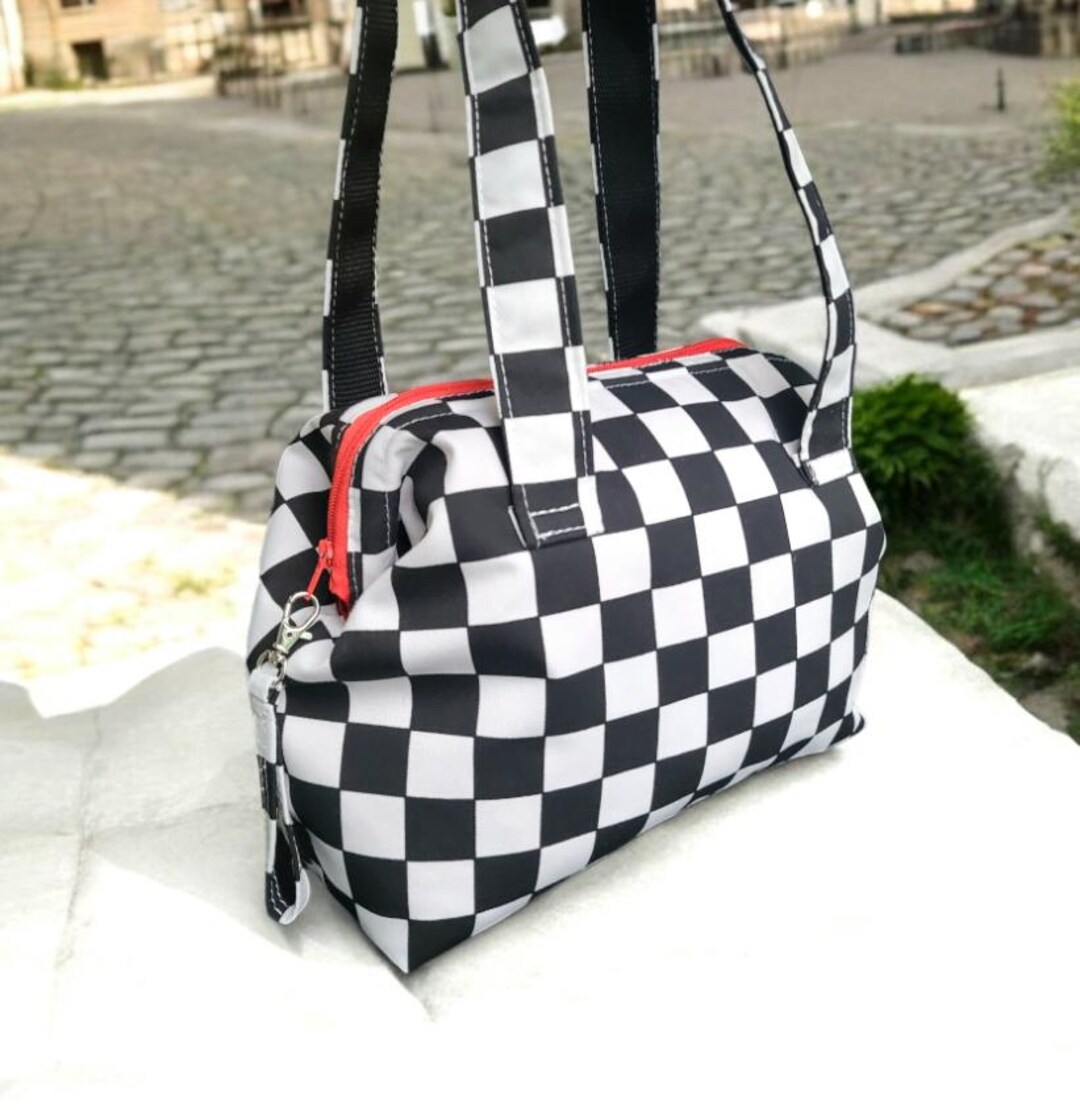 OOAK Black White Checkerboard Bag Handbag Fully Lined Red Zip Fastening ...