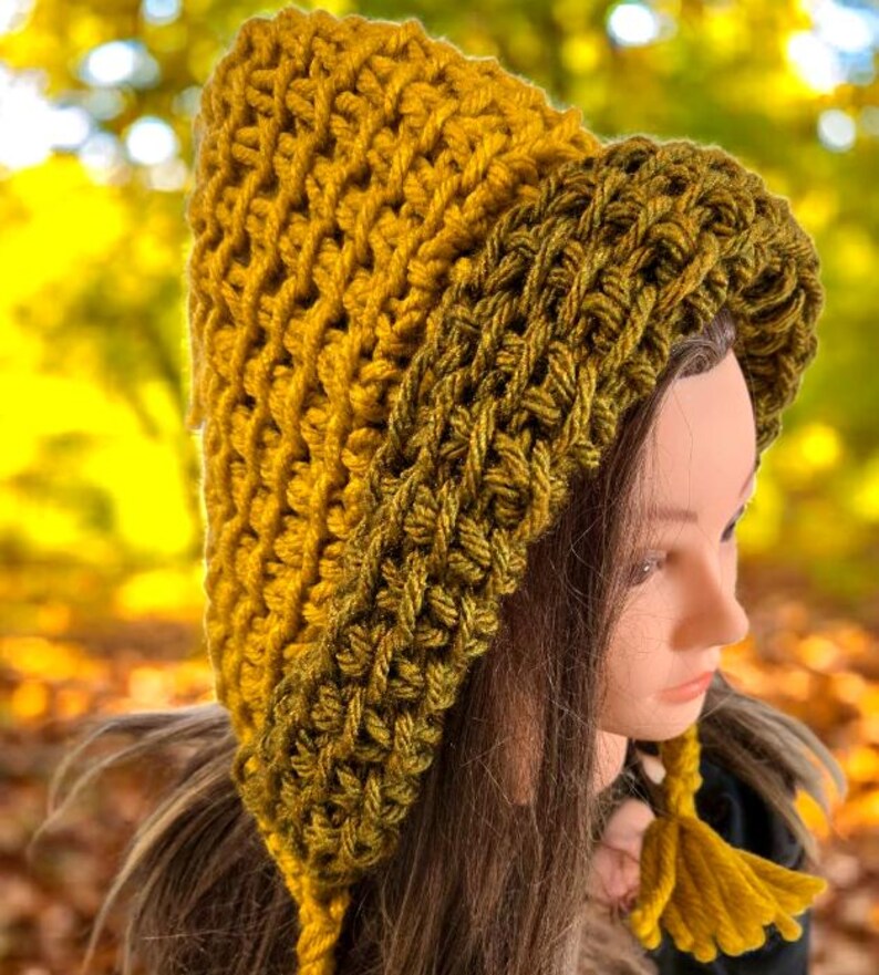 Handmade Crochet Bonnet Woodland Hat Pixie Mustard Yellow Green Adult ...