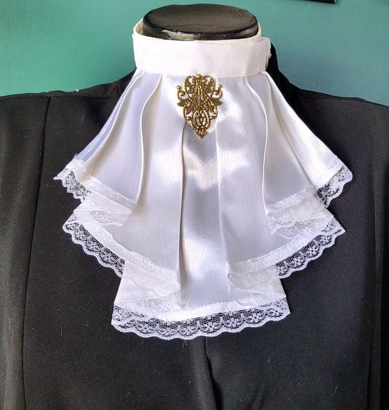 White Satin & Lace Jabot Cravat Victorian Ruffle Neck Frill Steampunk ...