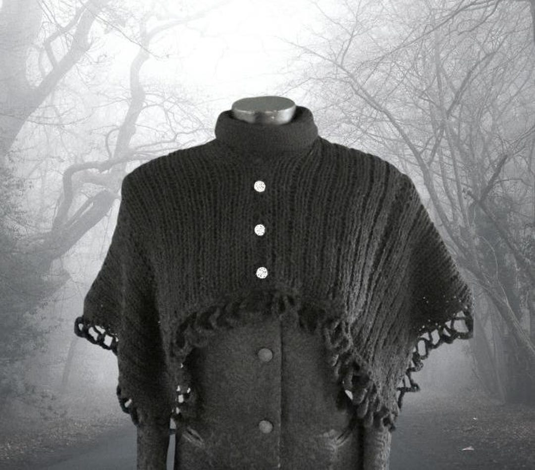 Knitted Black Cape Poncho Silver Buttons Shrug Wrap Victorian Steampunk ...
