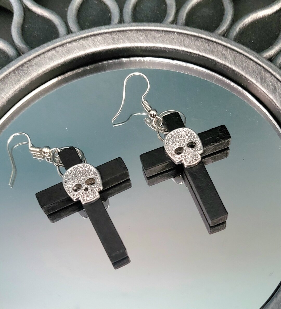 Handmade Wooden Cross Earrings & Black Silver Diamonte Skull Goth ...