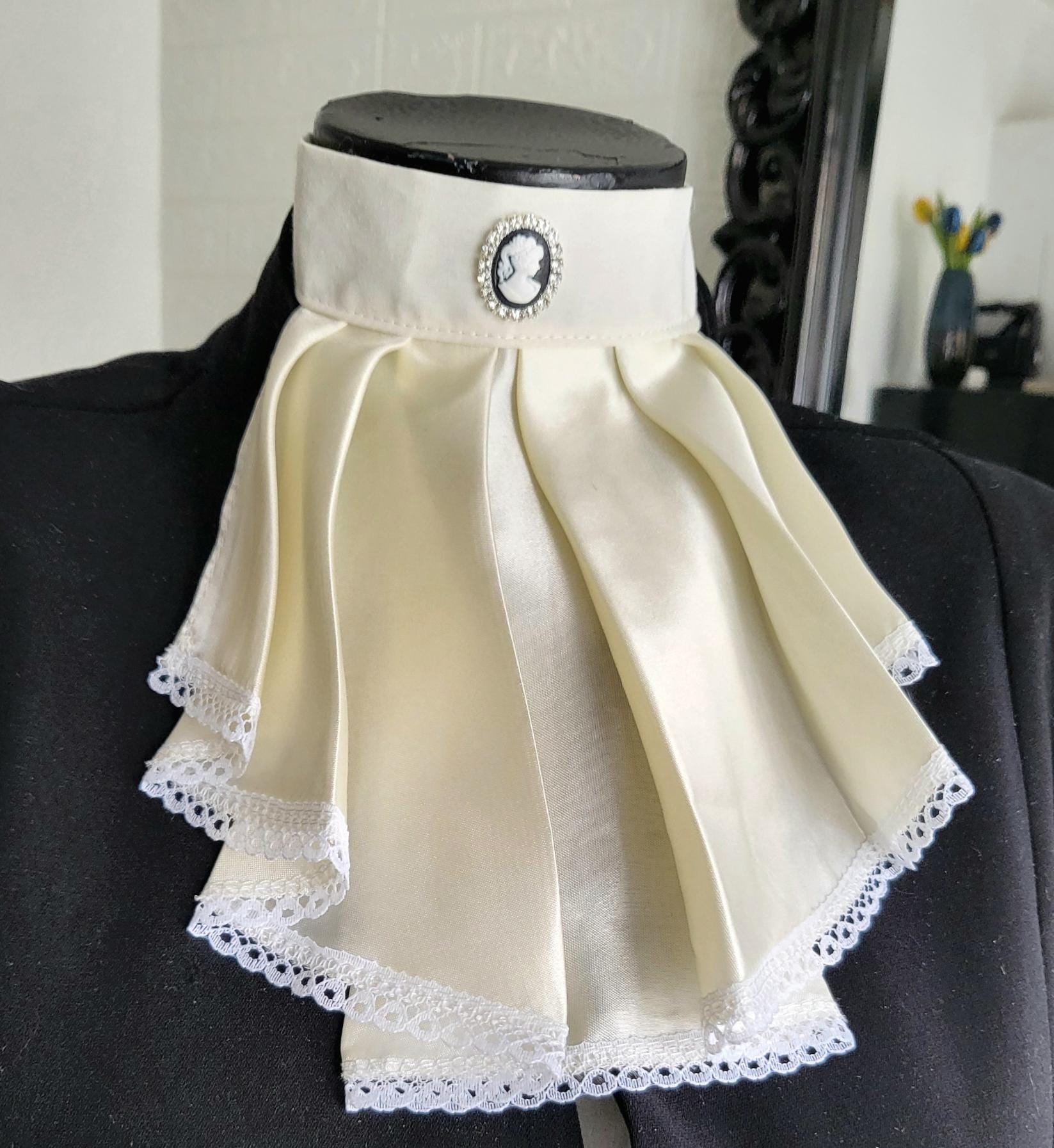 Cream Satin & Lace Jabot Cravat Cameo Victorian Ruffle Neck Frill ...